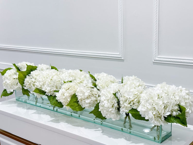 French Artificial Hydrangeas Centerpiece In Long Glass Vase – Flovery.com