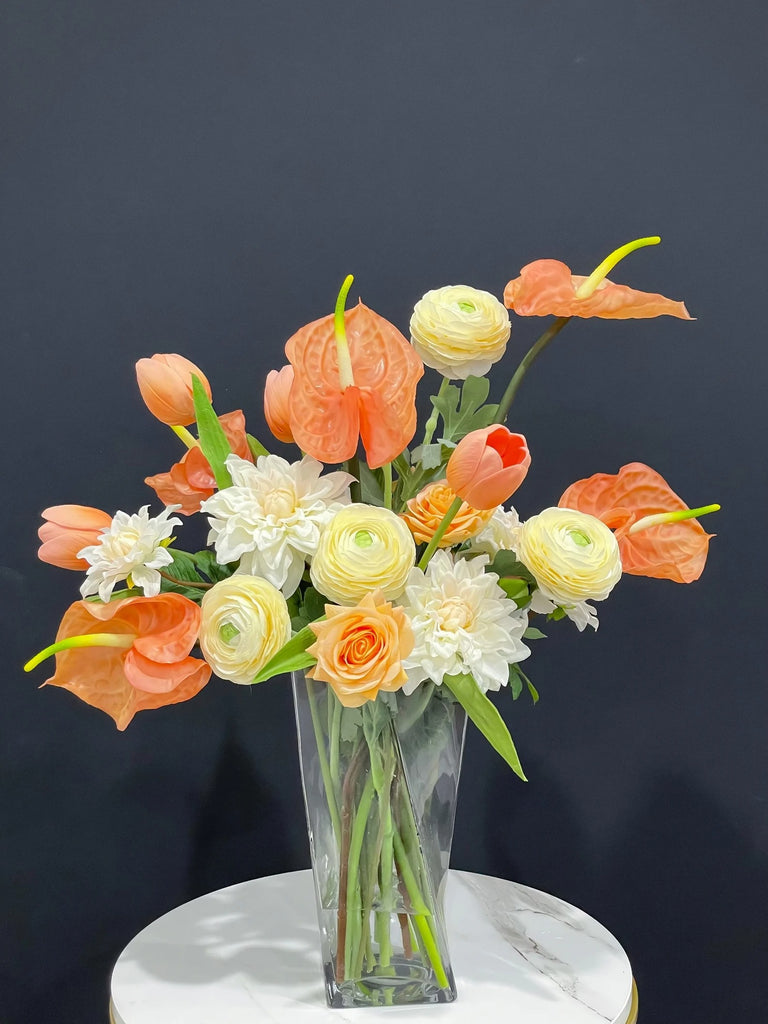 Coral Anthurium Dahlia Arrangement French Country Decor – Flovery.com