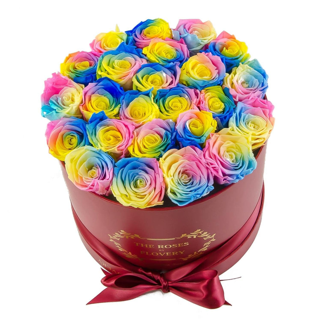 Round Red Box Rainbow Preserved Roses – Flovery.com