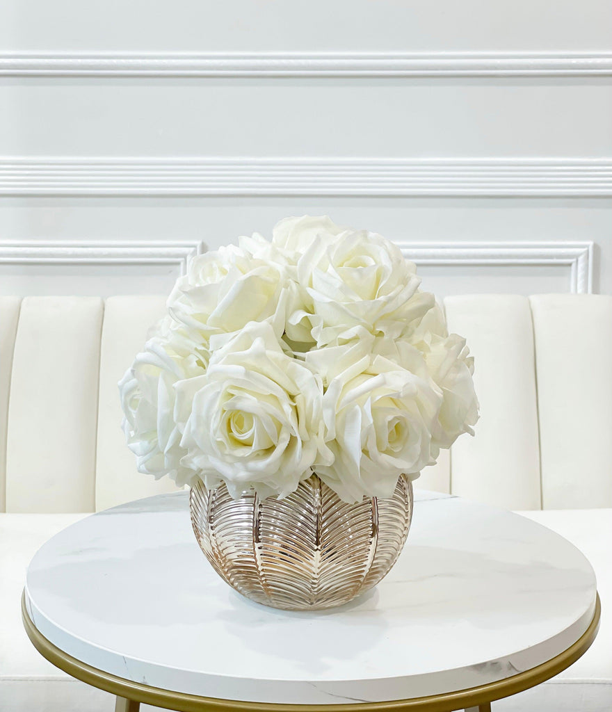 Medium Premium Real Touch White Rose Arrangement in Gold Vase – Flovery.com